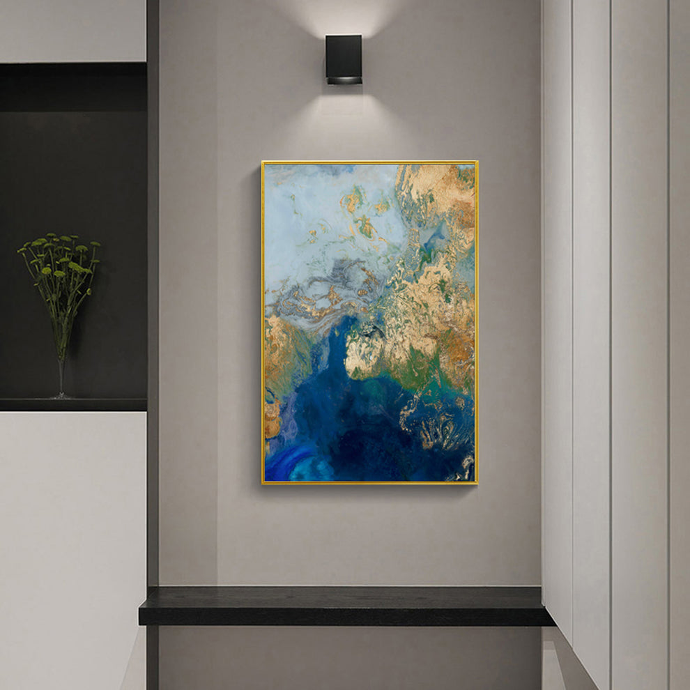 Marbled Blue Gold Artwork Gold Frame Canvas - 80cmx120cm | STripleB